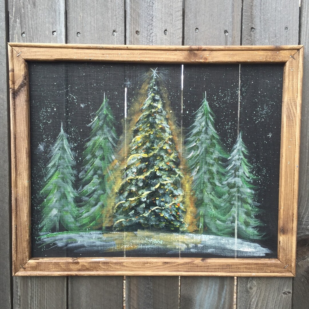 Hand-painted Christmas Tree Screen Art: Rustic Wood Frame, Holiday ...