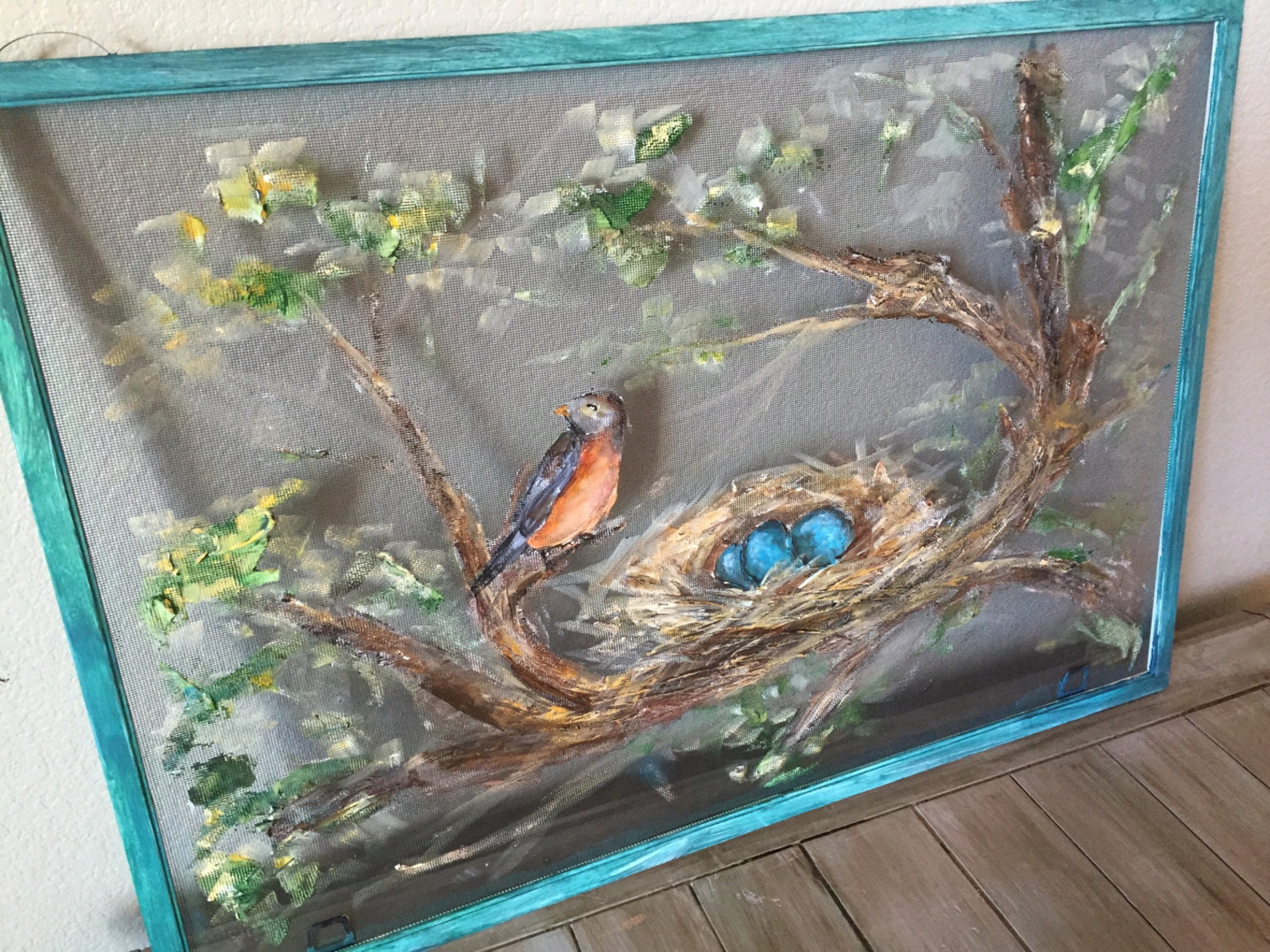Old Recycle Window Screen Robin and Nest Paintings Spring | Etsy