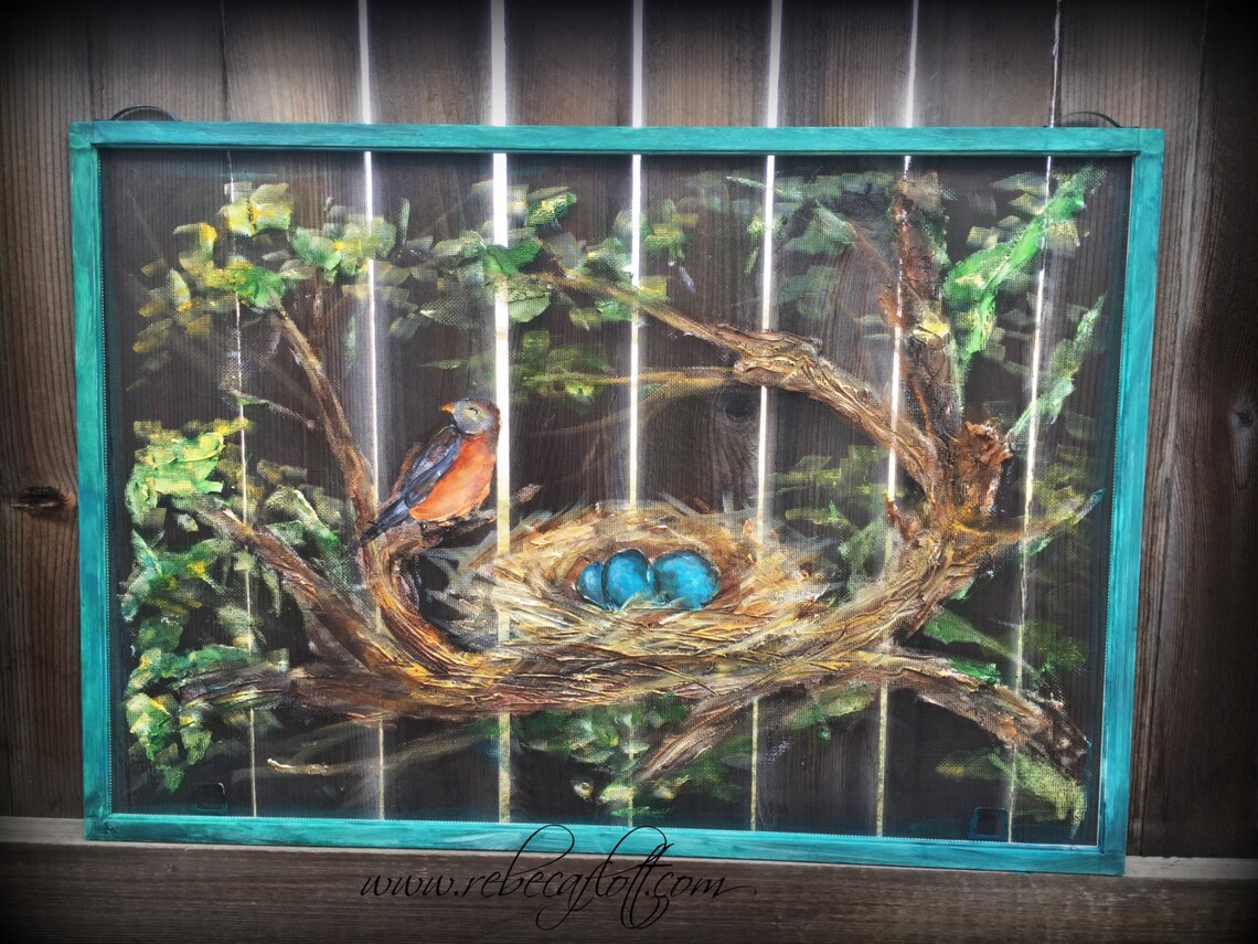 Old Recycle Window Screen Robin and Nest Paintings Spring | Etsy