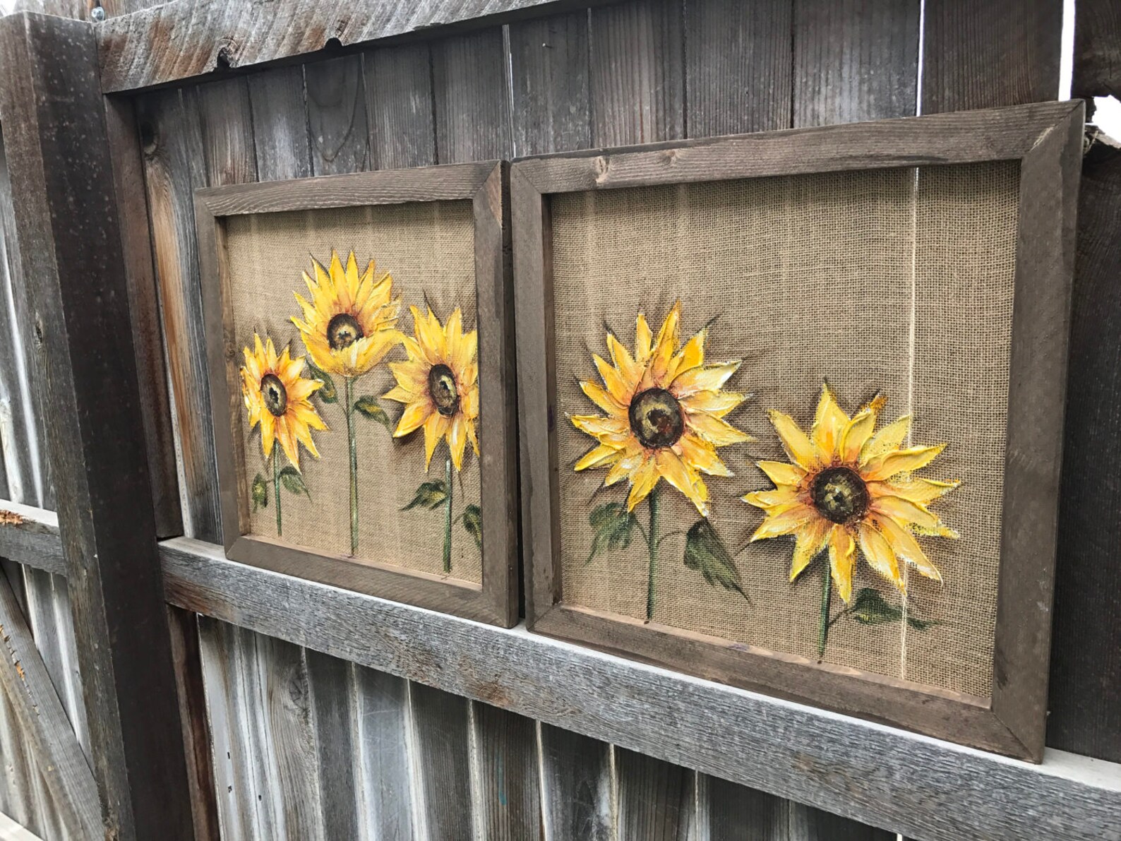 Sunflowers on burlap set of two rustic wall art farmhouse | Etsy