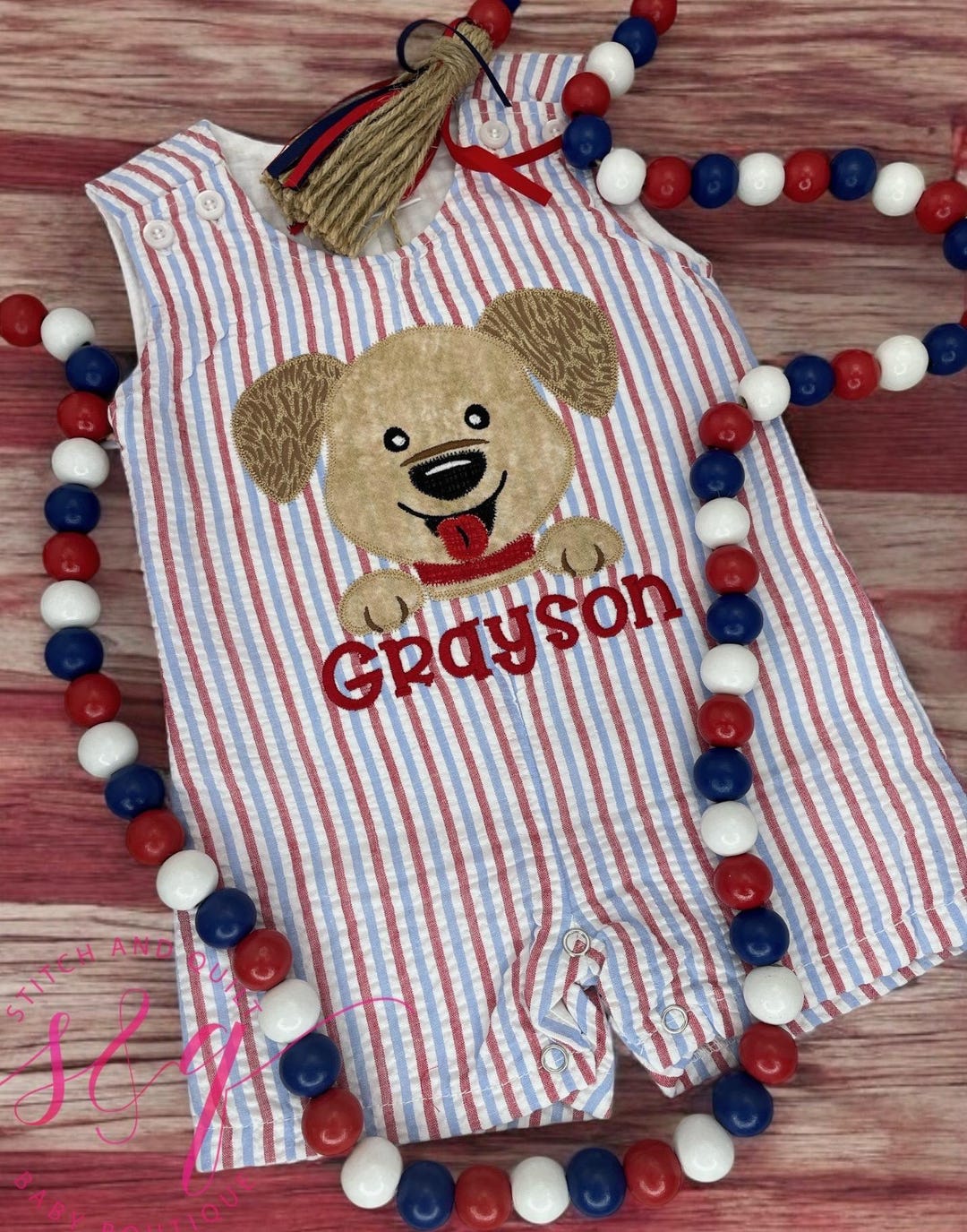 Personalized Puppy Dog Jon Jon – Red, White & Blue Seersucker Outfit ...