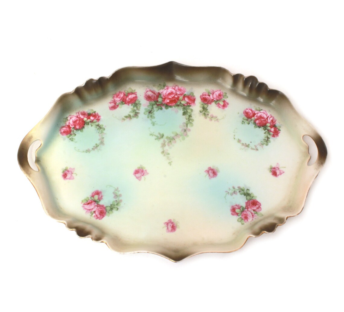 Antique Porcelain Dresser Vanity Tray with Pink Roses & Leaf | Etsy