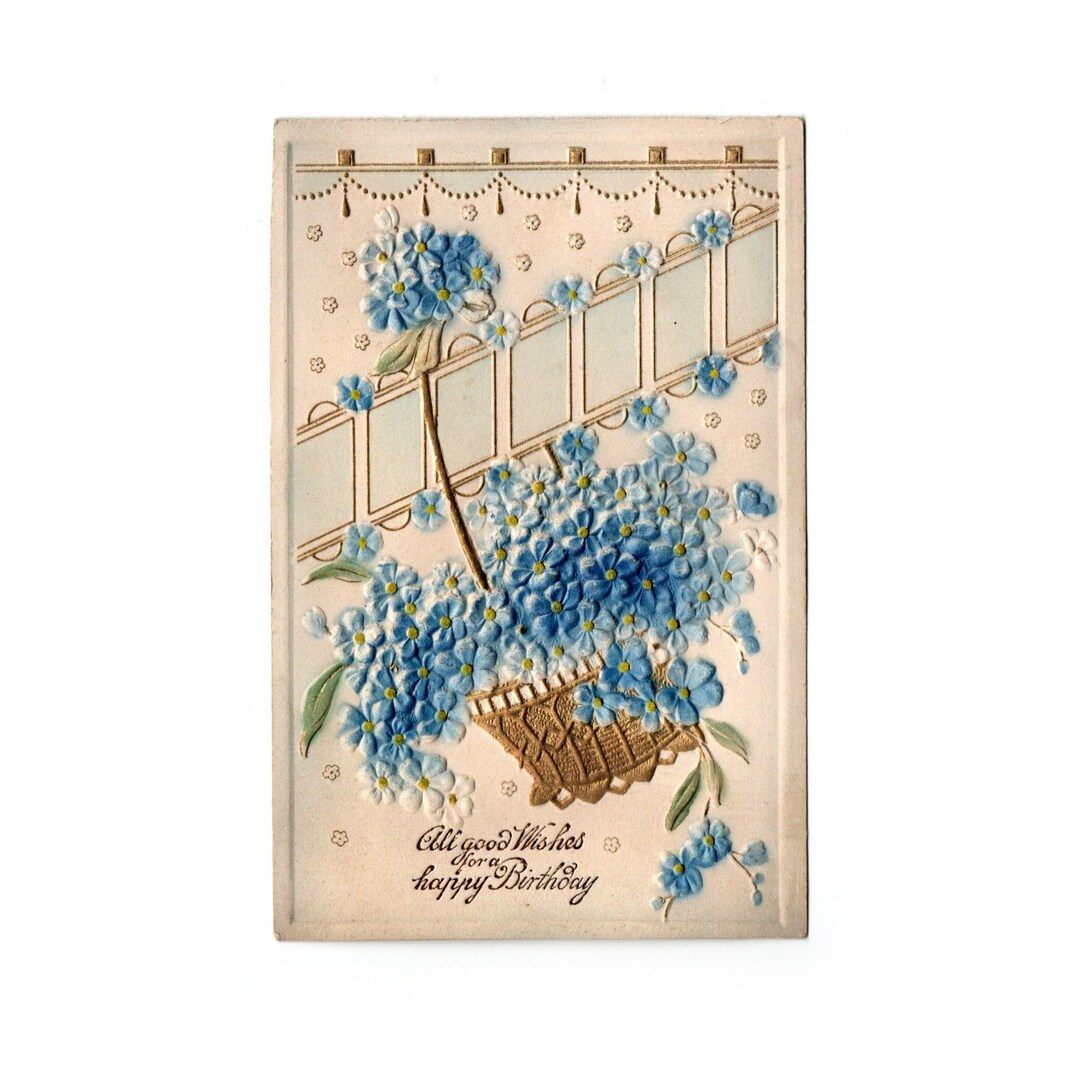 Postcard German Blue Forget Me Not Flowers in Basket All Good Wishes ...