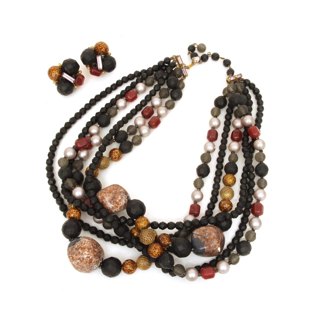 Eugene Schultz Necklace Earrings Set Beaded Multi-strand Collar With ...
