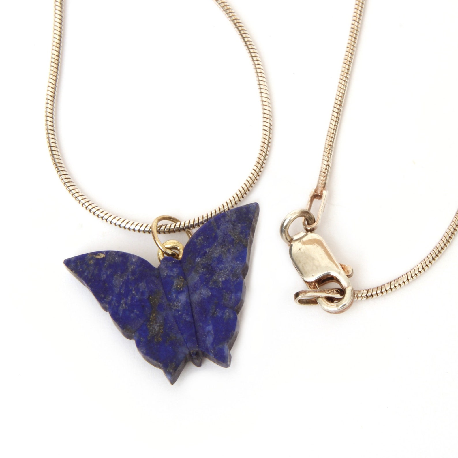 Sterling Chain Carved Lapis Butterfly Pendant Necklace Vintage Moth on ...
