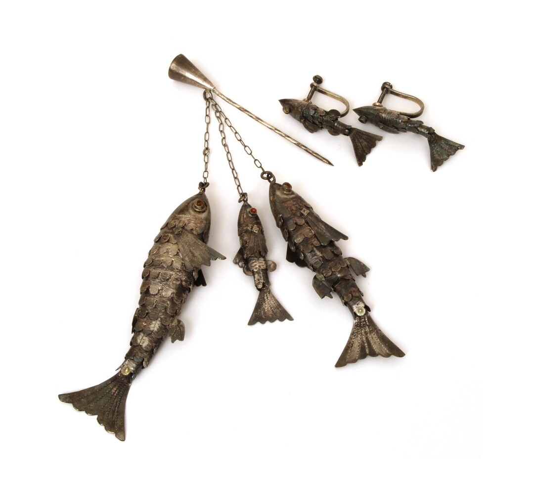 South American Sterling Fish Tupu Shawl Pin and Matching Screw Back ...