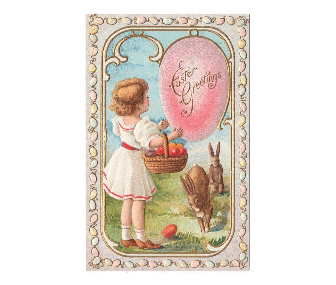 1910 Easter Postcard by Nash Girl With Easter Basket & Eggs Bunny ...