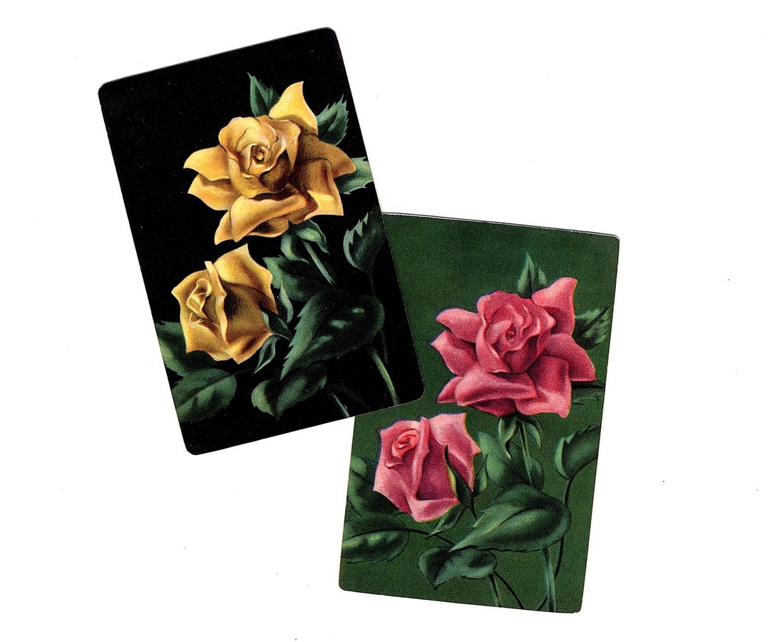 DRAMATIC ROSES 2 Vintage Swap Cards Illustated Pink & Yellow Rose Joker ...