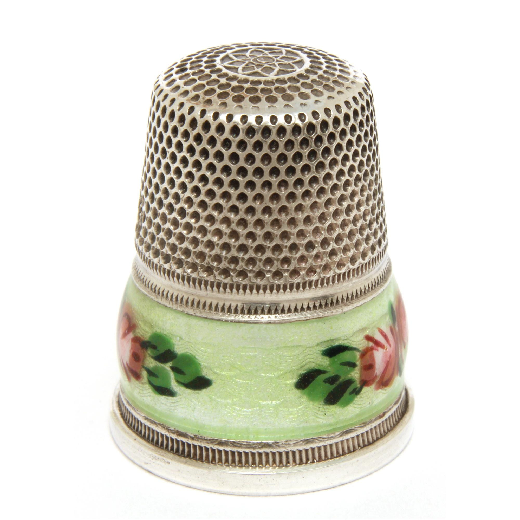 Sterling Enamel Thimble Size 8 Enameled Pale Green Guilloche With Pink ...