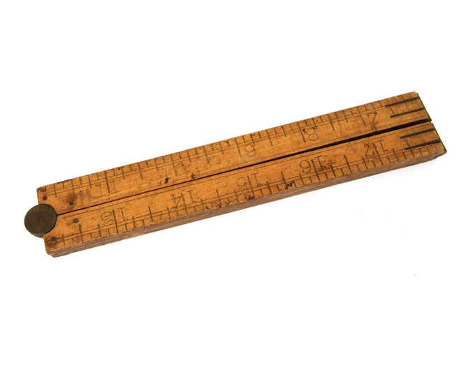 Folding 24 Inch Ruler Antique Wood and Brass Measuring Tool Pocket Size ...