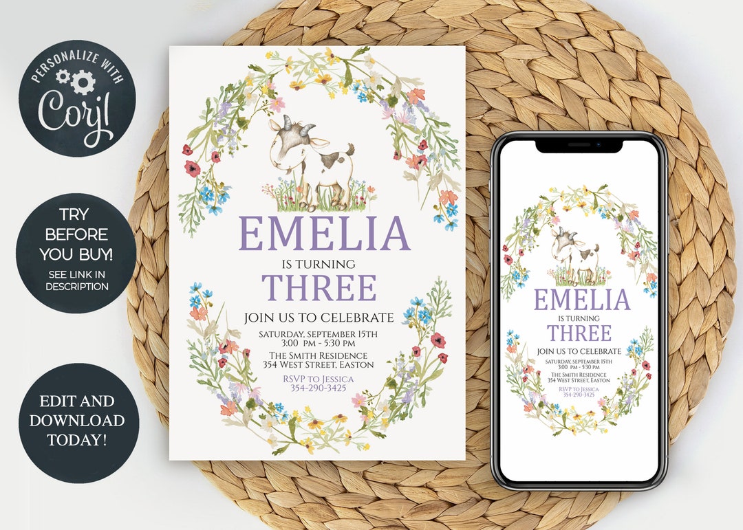 Goat Girl Birthday Party Invitation, Goat, Girl, Farm, Animal, Floral ...