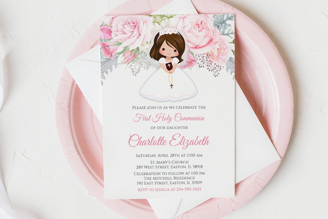 First Communion Invitation, Communion, Girl, Invitation, Pink, Floral ...