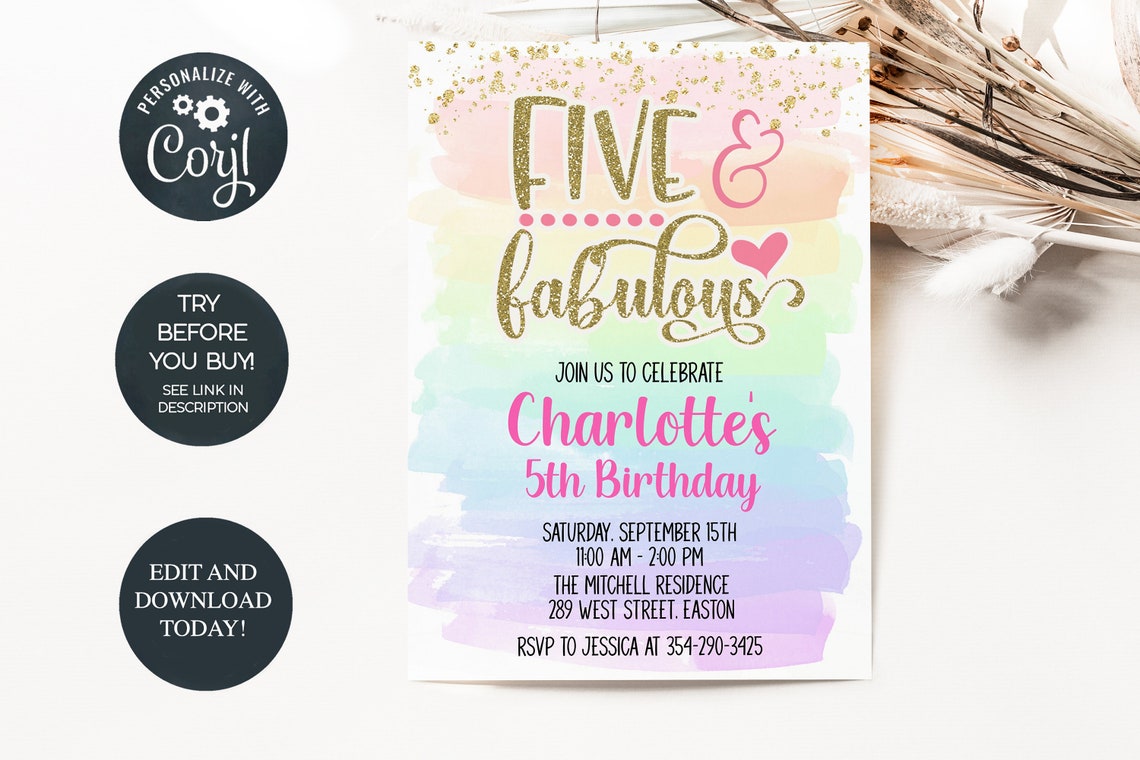 Five and Fabulous Birthday Party Invitation, Five, Fabulous, 5th ...