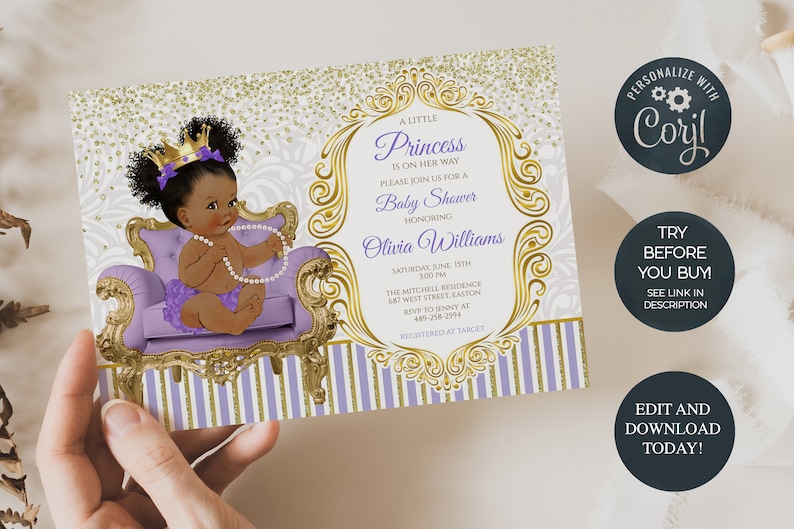 Princess Purple Gold Baby Shower Invitation, Princess, Chair, Royal ...