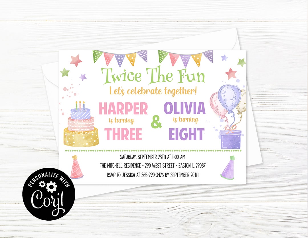 Instant Download - Joint Birthday Party Invitation - Sisters Sibling ...
