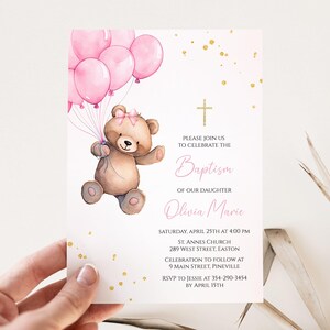 Teddy Bear 1st Birthday and Baptism Invitation, Baby Girl Baptism ...