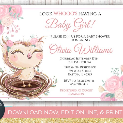 EDITABLE Owl Favor Tag Template Blush Pink Floral Baby Shower - Etsy