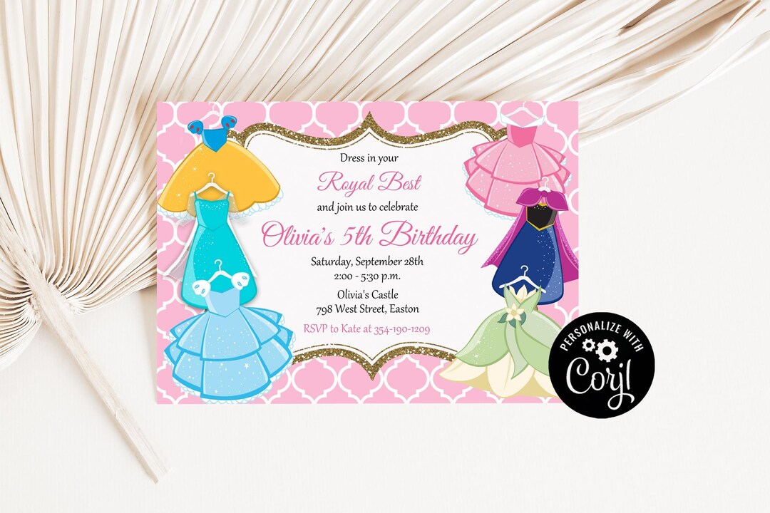 Princess Dress Birthday Party Invitation, Girls Princess Dress up Party ...
