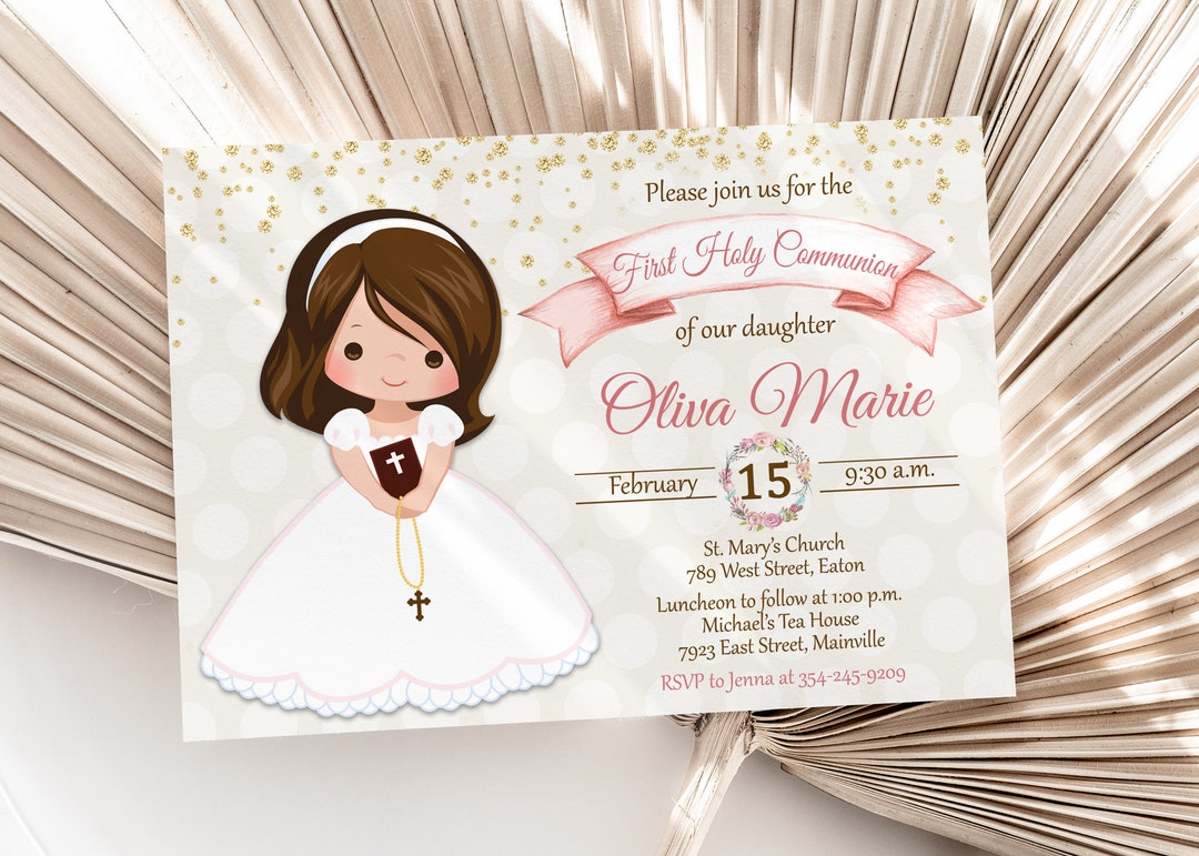 First Holy Communion Invitation, Girl, Communion, Pink, Gold, Digital ...