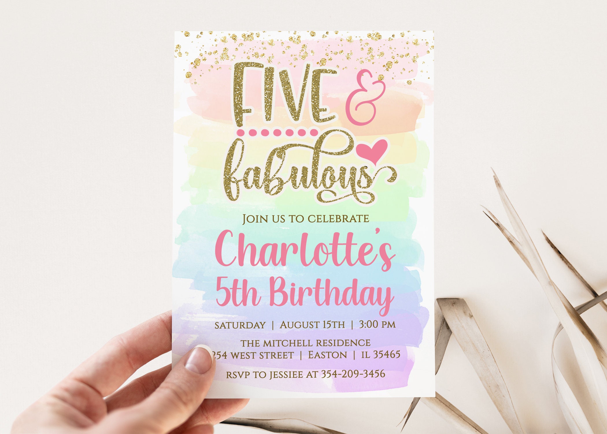 Five and Fabulous Birthday Invitation, Five, Fabulous, Rainbow ...
