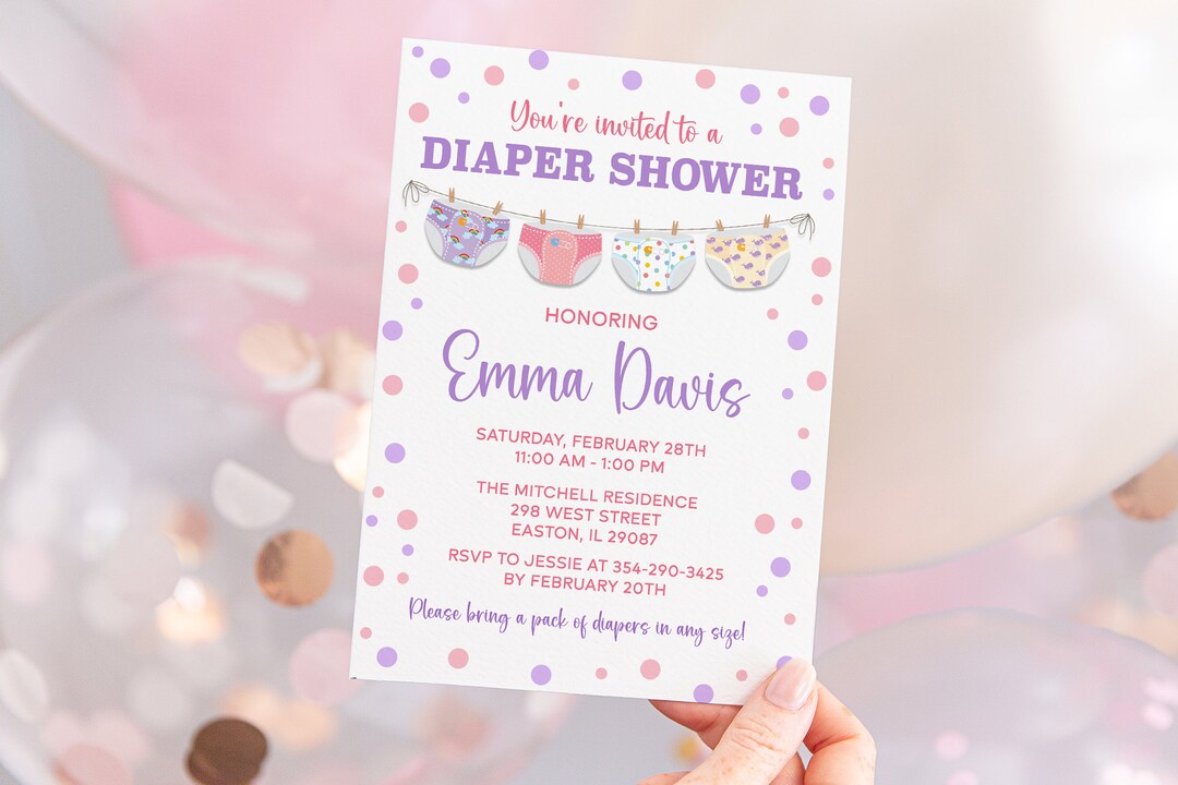 Baby Girl Diaper Shower Party Invitation, Diapers and Wipes, Diaper ...