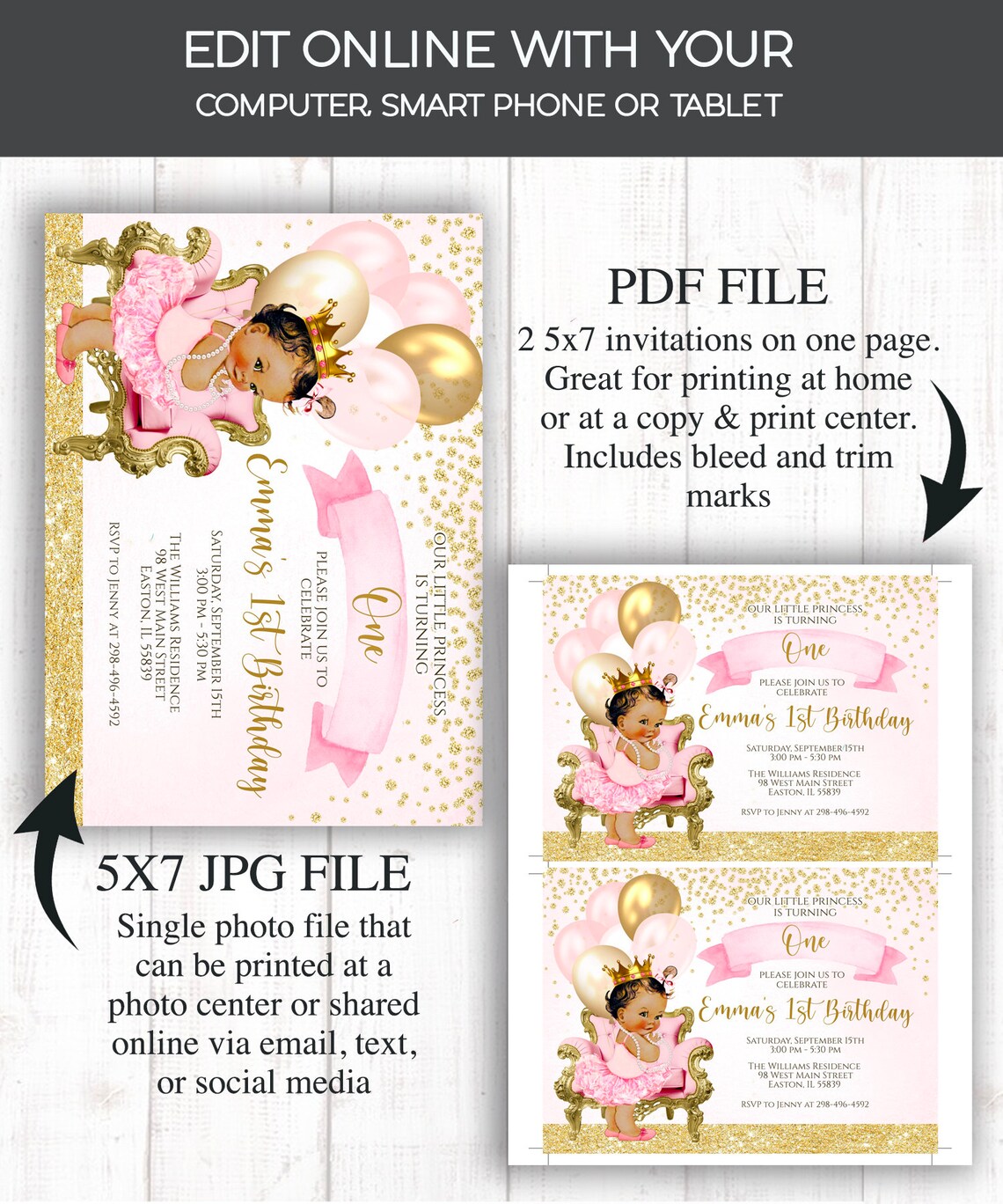 Princess First Birthday Invitation 1st First One Balloons - Etsy