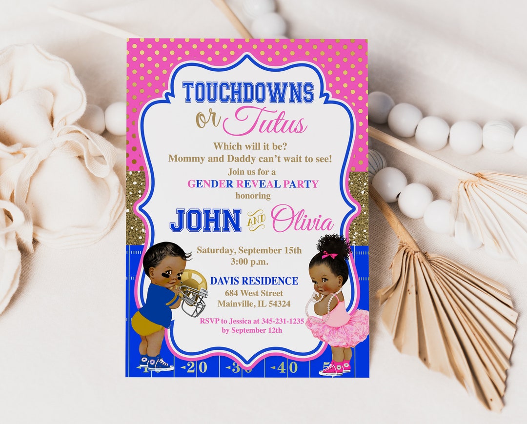 Touchdowns or Tutus Gender Reveal Invitation, Football, Tutu, Girl or ...