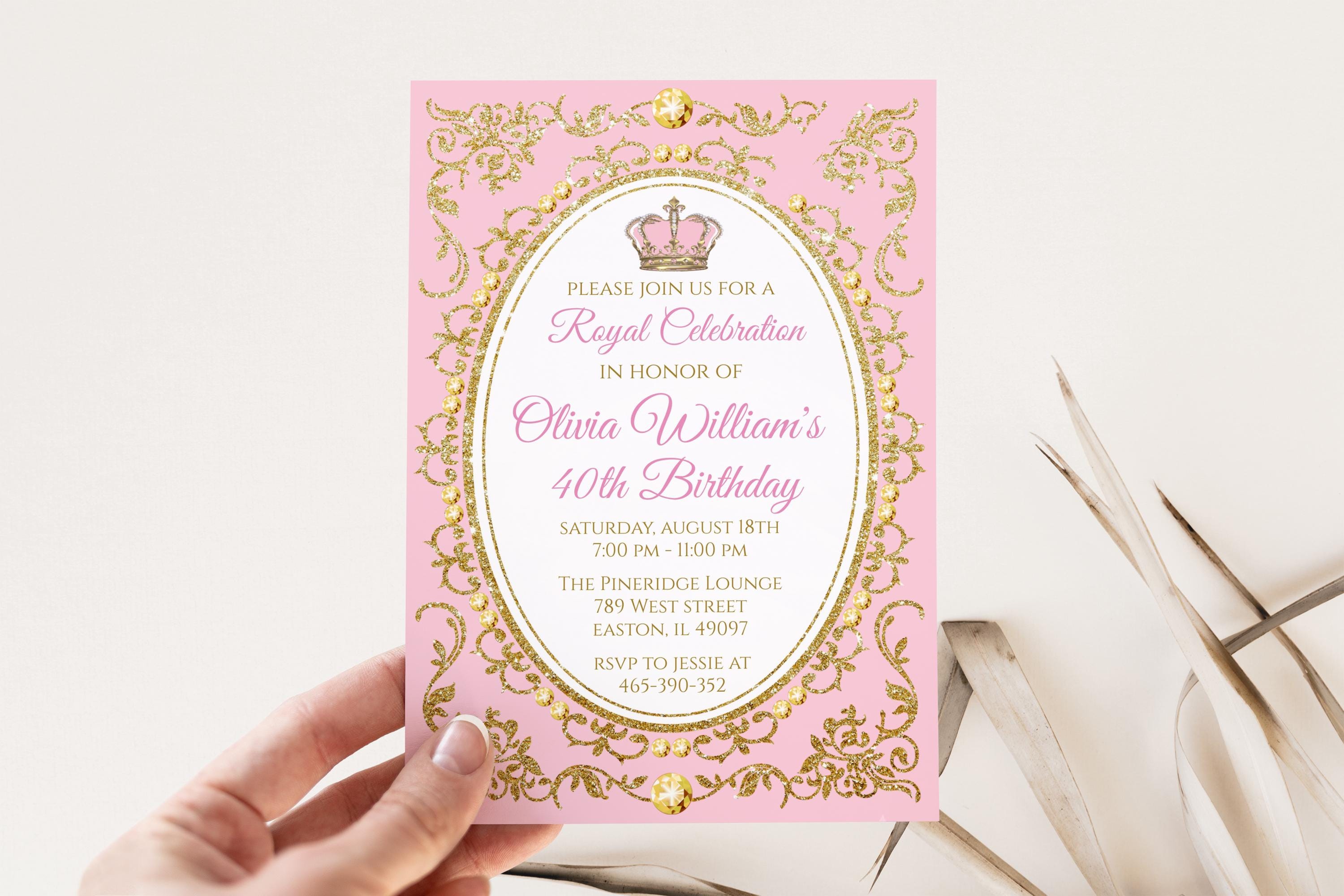 Royal Birthday Party Invitation, Queen, Princess, Pink and Gold, Purple ...