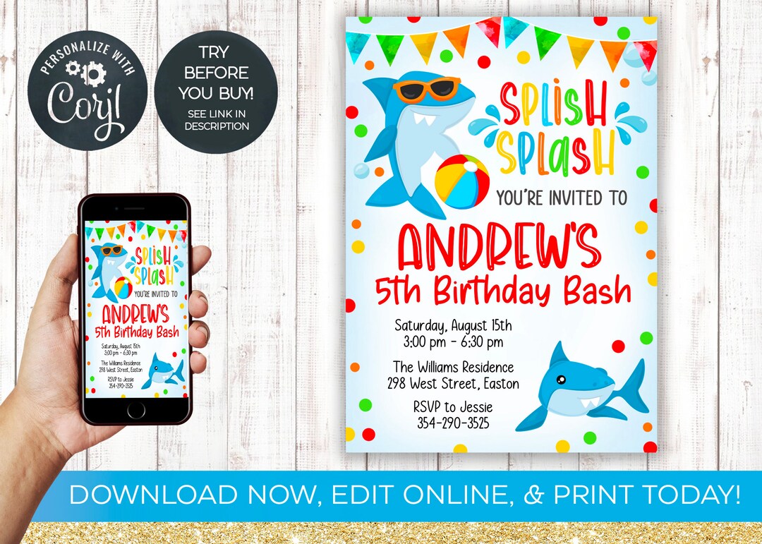 EDITABLE Shark Birthday Party Invitation, Summer Swimming Pool Party ...