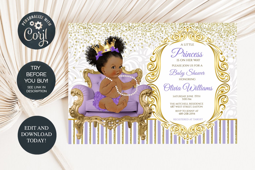 Princess Purple Gold Baby Shower Invitation, Princess, Chair, Royal ... Princess Purple Gold Baby Shower Invitation, Princess, Chair, Royal ...