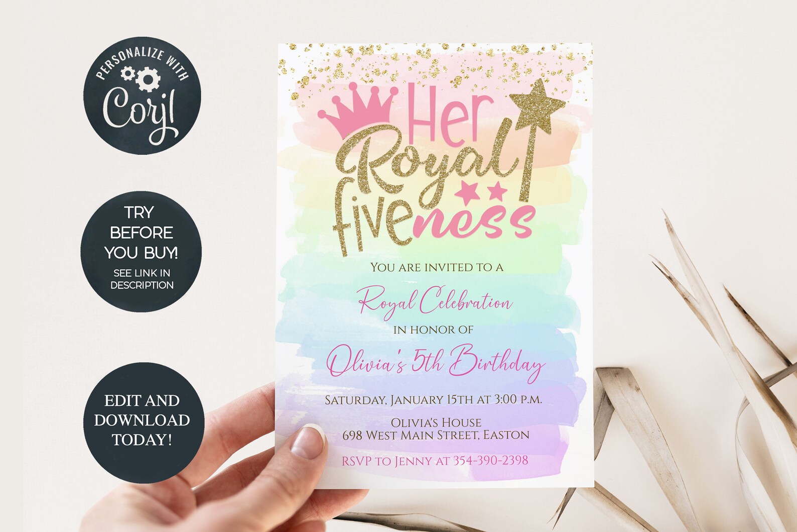 Royal Fiveness Birthday Party Invitation, Five, Five-ess, Princess ...