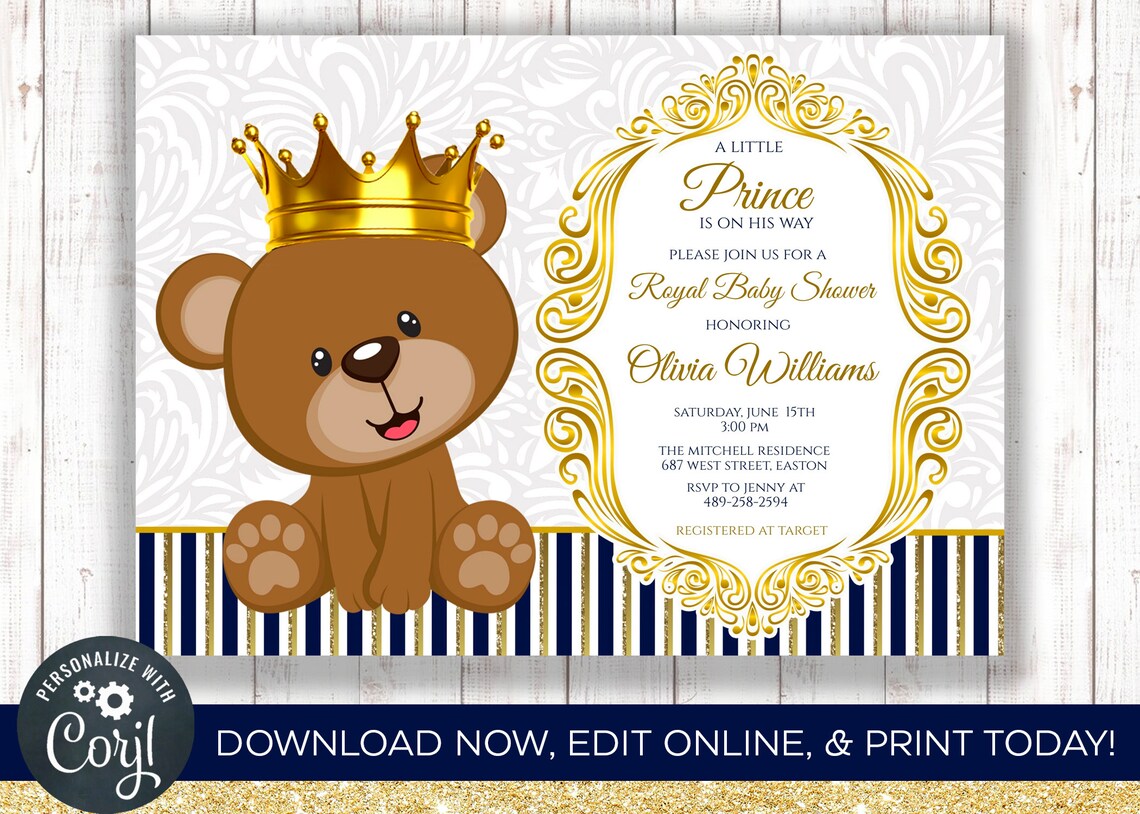 INSTANT DOWNLOAD Bear Prince Baby Shower Invitation Bear - Etsy