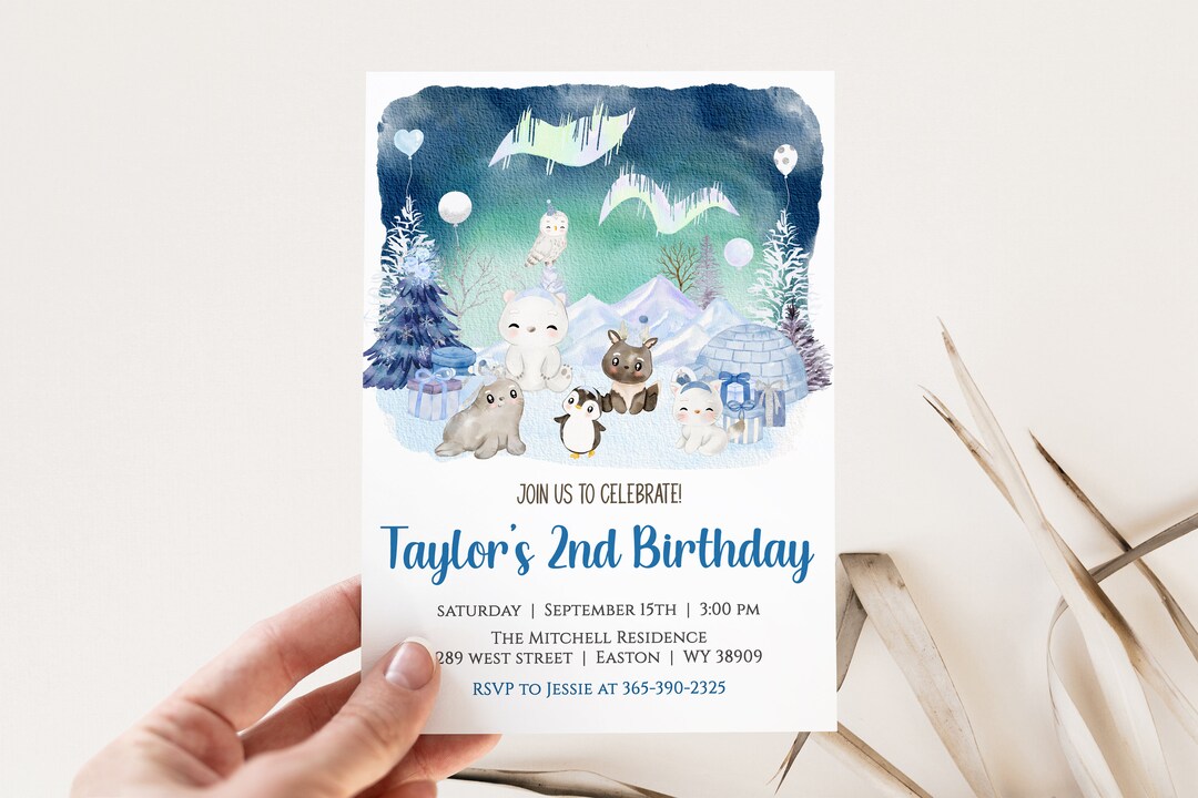 Arctic Animal Birthday Party Invitation, Printable, Polar Bear, Winter ...