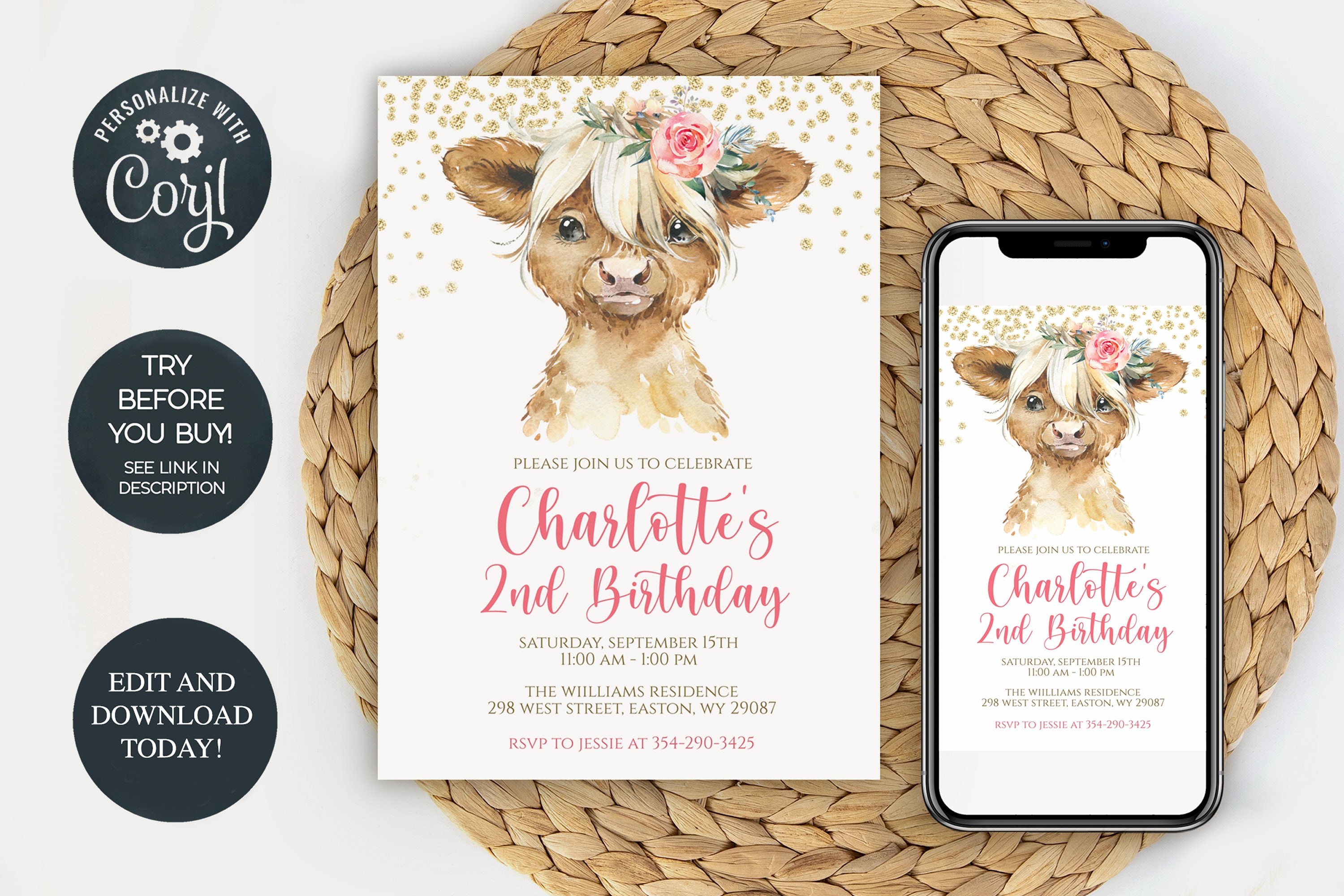 Cow Girl Birthday Party Invitation, Girl, Cow, Animal, Farm, Pink, Gold ...