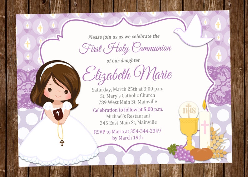 First Communion Invitation, Girl First Communion, Purple, Lavender ...