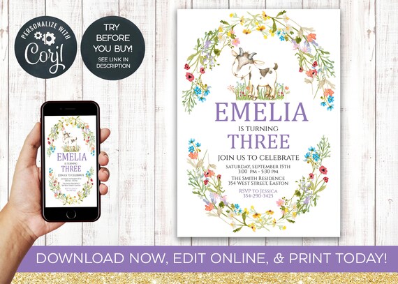 Goat Girl Birthday Party Invitation Goat Girl Farm Animal - Etsy