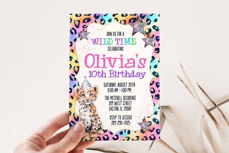 Cheetah Rainbow Birthday Party Invitation, Leopard, Wild Jungle, Teen ...