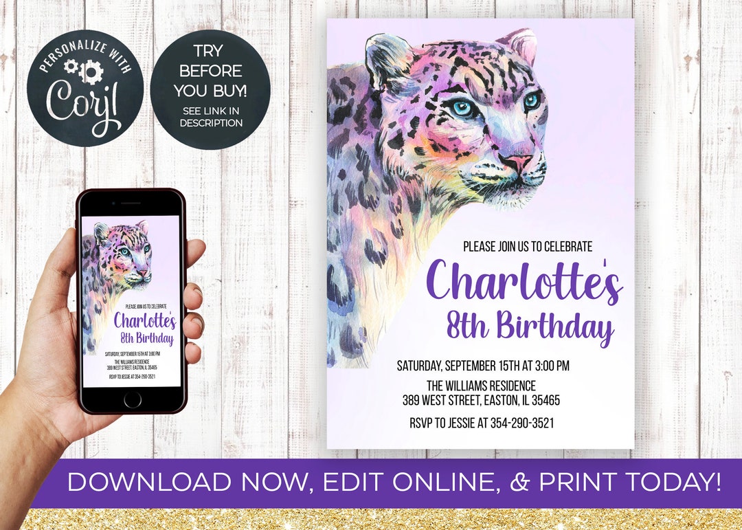 Snow Leopard Birthday Party Invitation, Leopard, Cheetah, Birthday ...