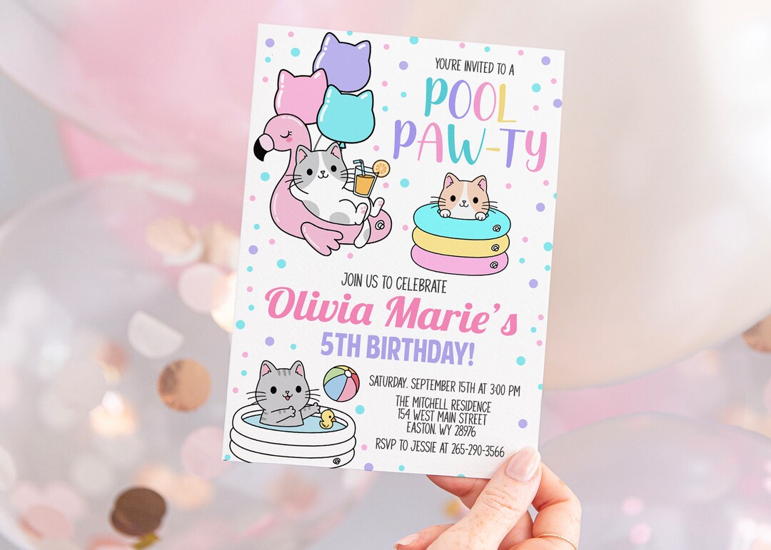 Kitten Birthday Pool Party Invitation, Cat Swimming Party, Pool Paw-ty ...