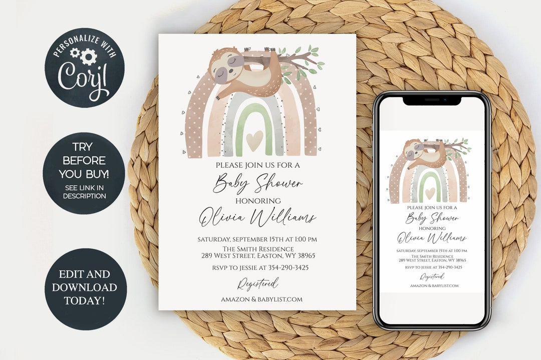 Sloth Baby Shower Invitation, Sloth, Boho, Rainbow, Baby Shower, Boy ...