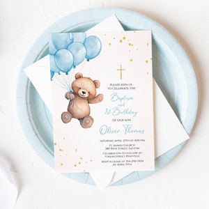 Teddy Bear 1st Birthday and Baptism Invitation, Baby Boy Baptism, One ...