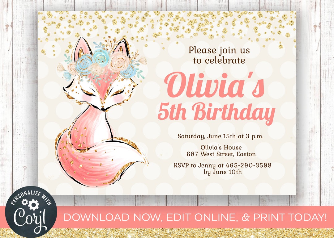 INSTANT DOWNLOAD, Fox Birthday Party Invitation, Fox, Girl, Boho, Pink ...