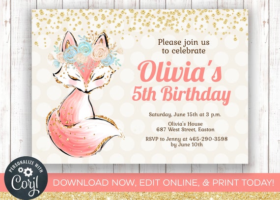 INSTANT DOWNLOAD Fox Birthday Party Invitation Fox Girl | Etsy