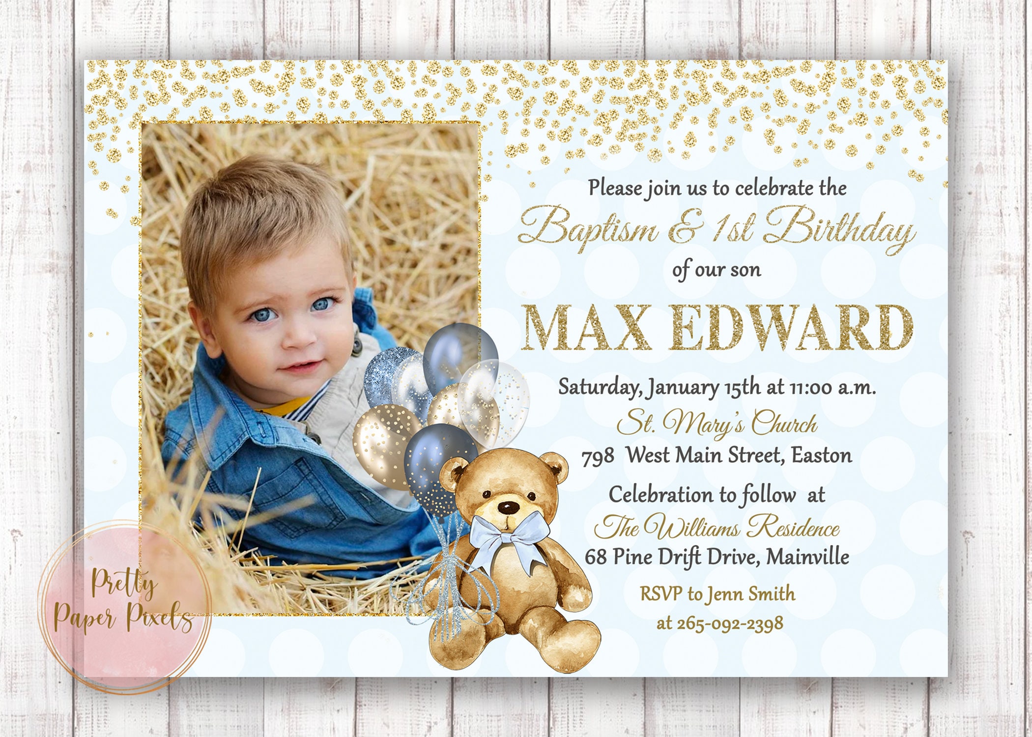 Bear Baptism First Birthday Invitation, Boy, Baby Boy, Teddy Bear, Blue ...