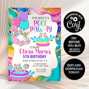 Instant Download, Cat Pool Party Invitation, Cat Party, Swimming, Swim ...