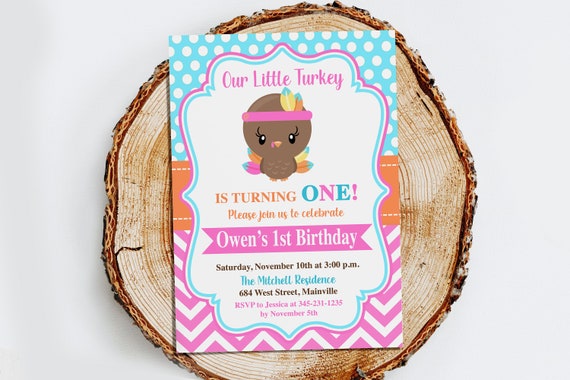 Turkey Girl Birthday Party Invitation Thanksgiving Girl - Etsy