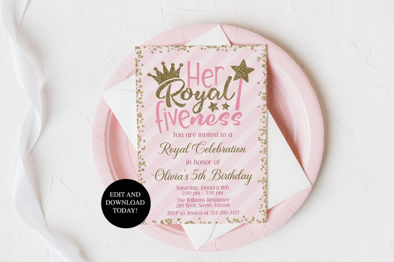 Royal Fiveness 5th Birthday Invitation, Fifth Birthday, 5th, Five ...