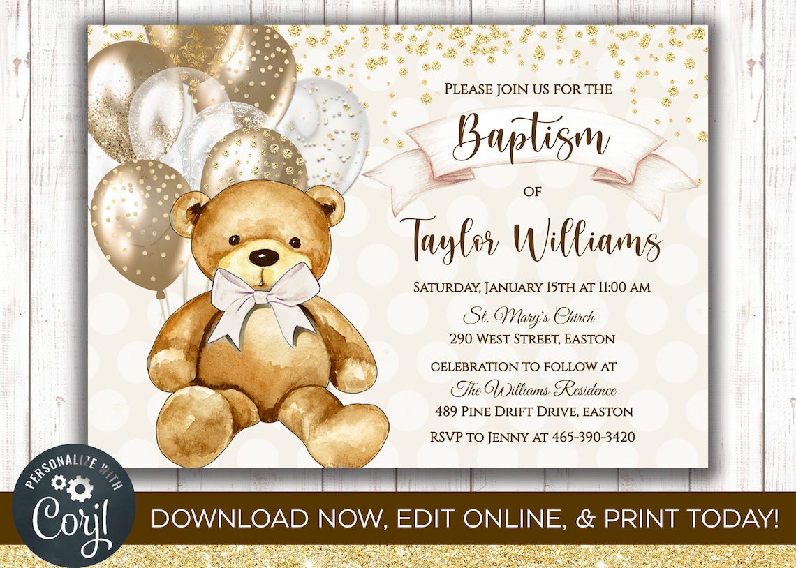 INSTANT DOWNLOAD Bear Baptism Invitation Christening Teddy - Etsy