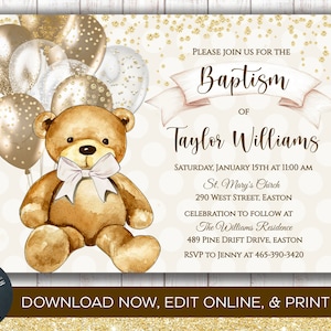 INSTANT DOWNLOAD, Bear Baptism Invitation, Christening, Teddy Bear ...