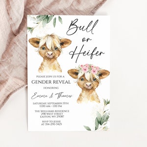 Highland Cow Gender Reveal Invitation, Editable Template (digital ...